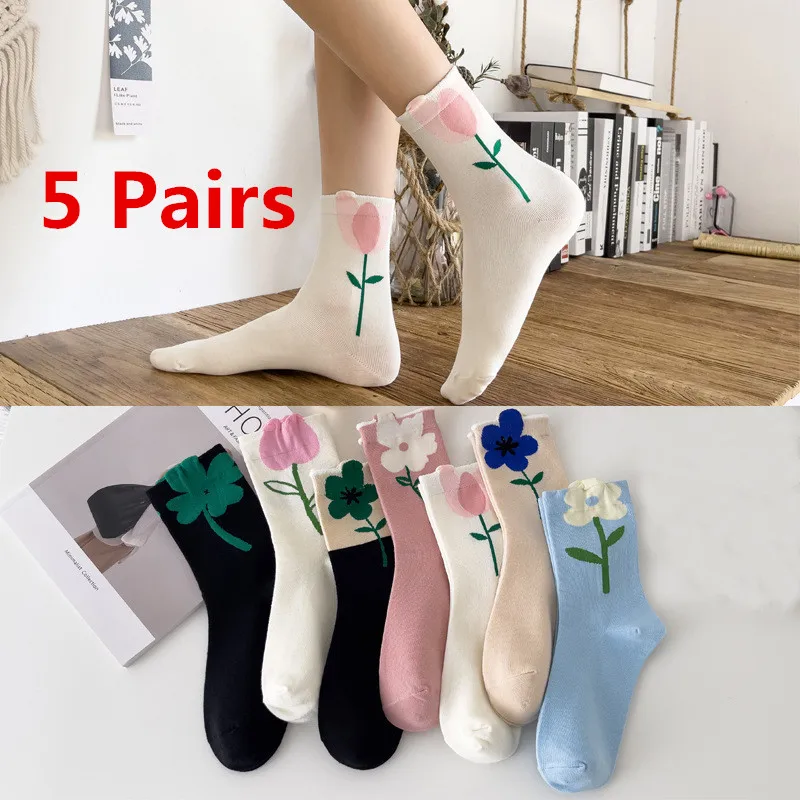 5-Pairs-Lot-Women-Flower-Socks-Cotton-Japanese-Korean-Style-Cute-White ...