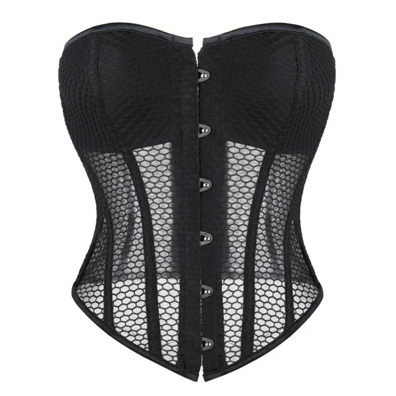 Women Sexy Corset Top Lace Up Plastic Boned Bustier Hollow Out Mesh ...