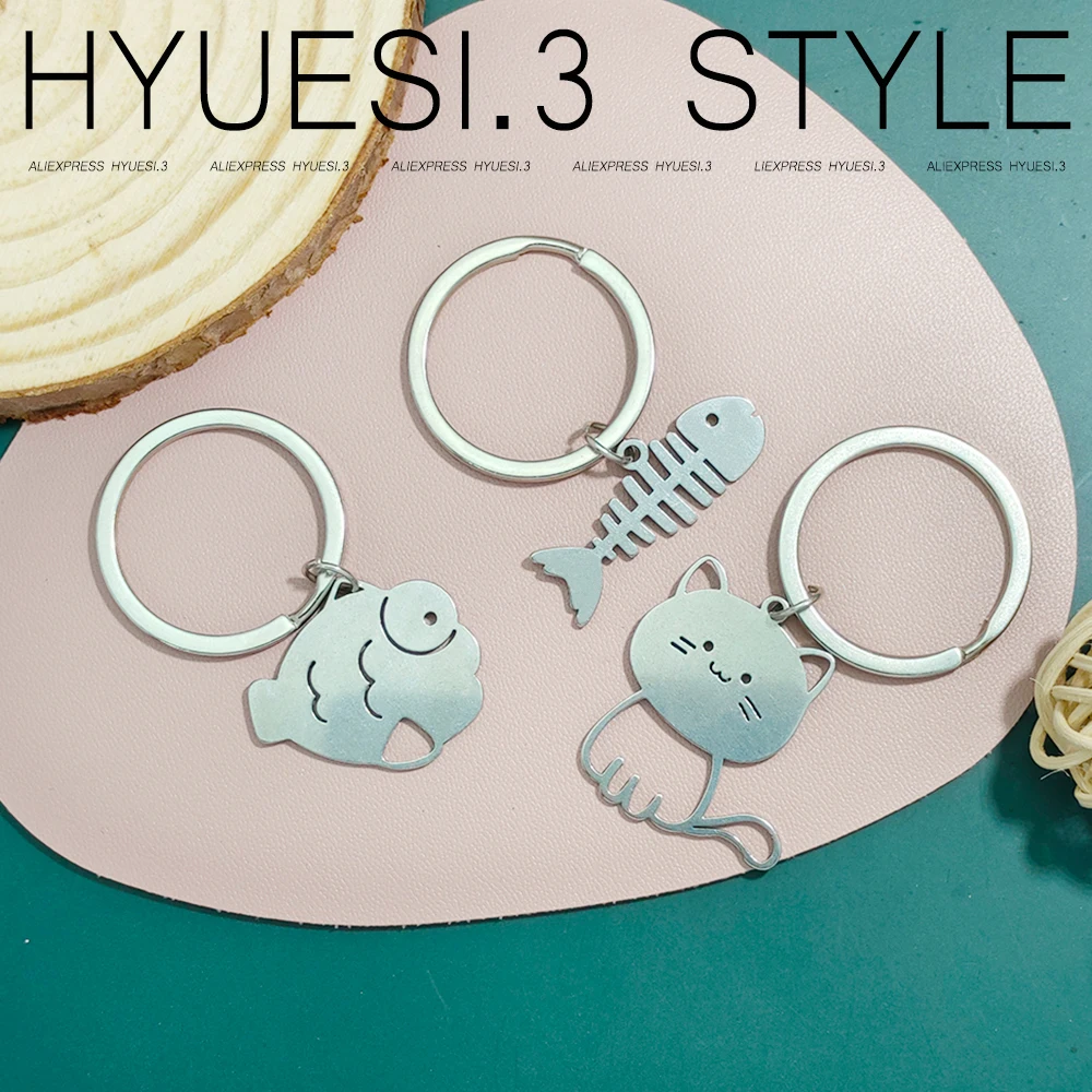 Cartoon Cat Fish Bone Shaped Keychain Couple Stainless Steel Animal ...