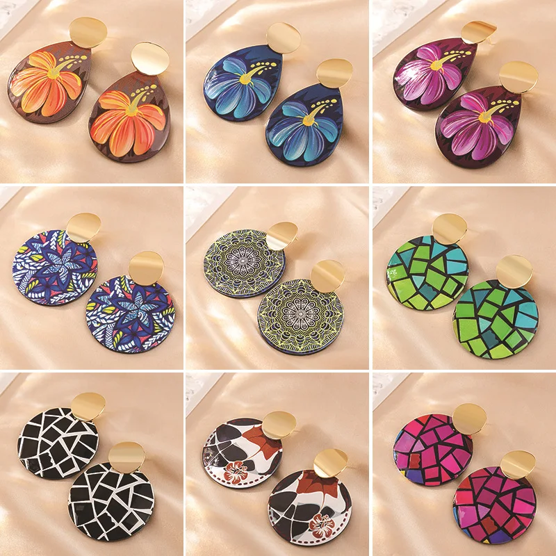 Bohemian-Colorful-Acrylic-Stud-Earrings-for-Women-Ethnic-Long-Grid ...