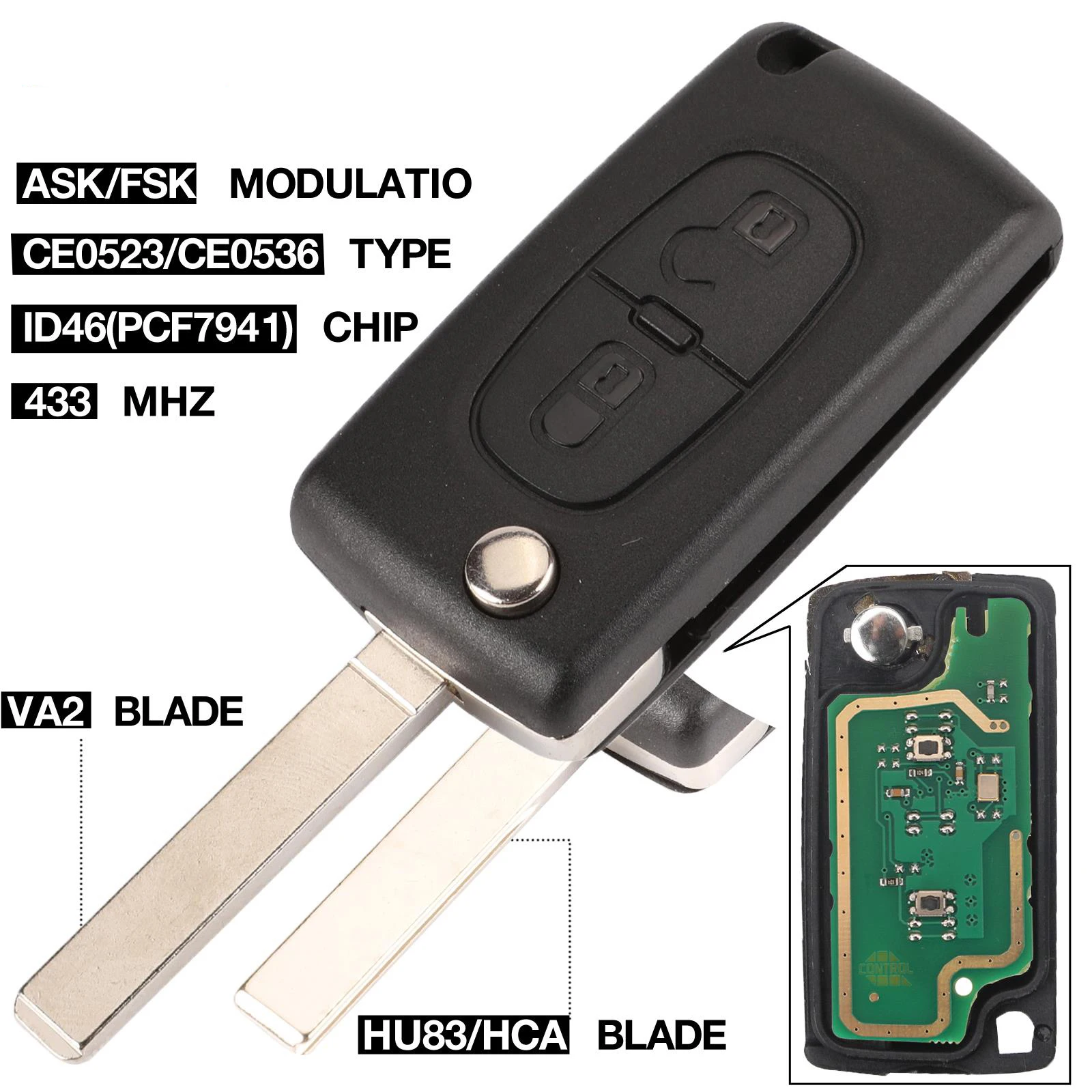 jingyuqin-434Mhz-FSK-ASK-2-Buttons-Flip-Key-For-Peugeot-107-207-307 ...