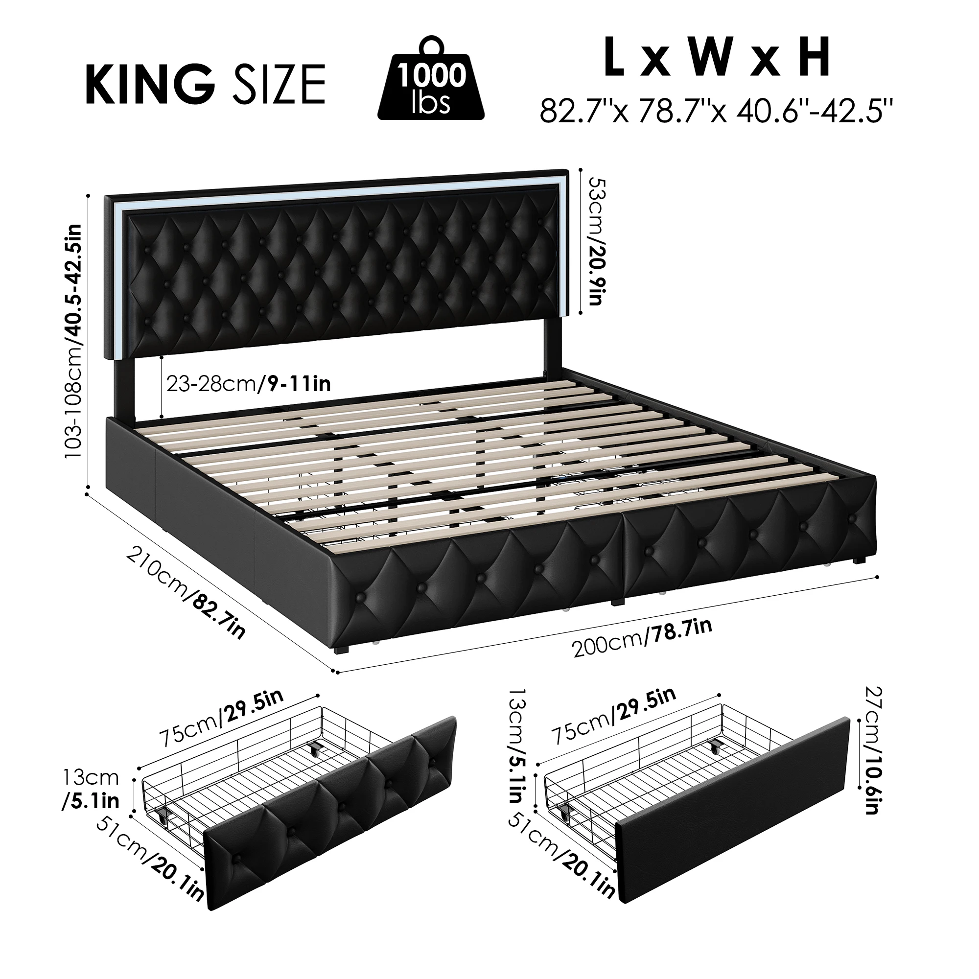Upholstered Black and Gold king Velvet Fabric Bed Frame with Storage ...