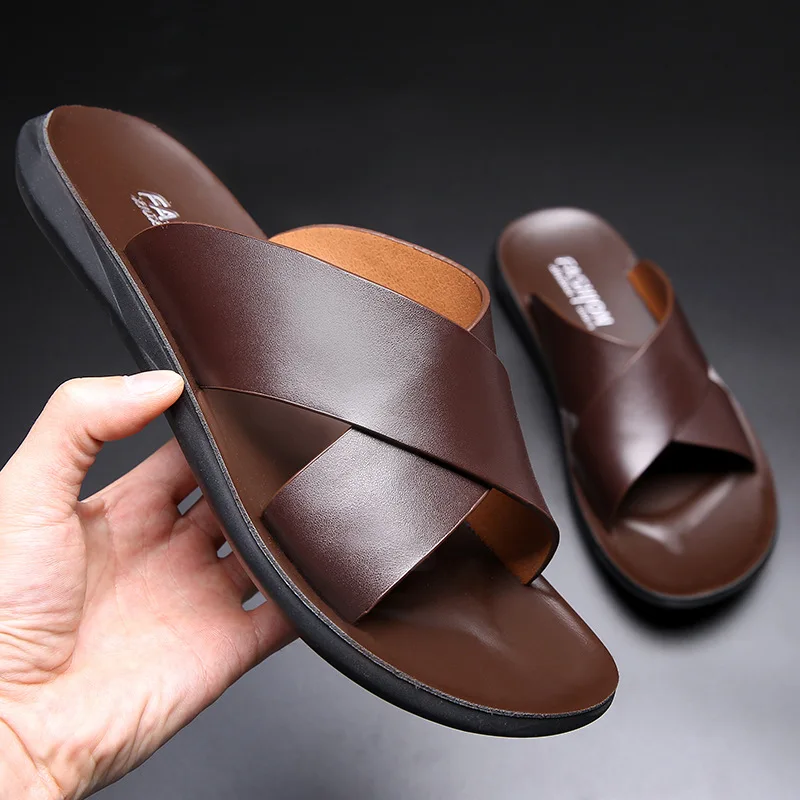 Slippers-for-Men-Cross-strap-Slippers-Flat-Leather-Beach-Shoes-Ltalian ...