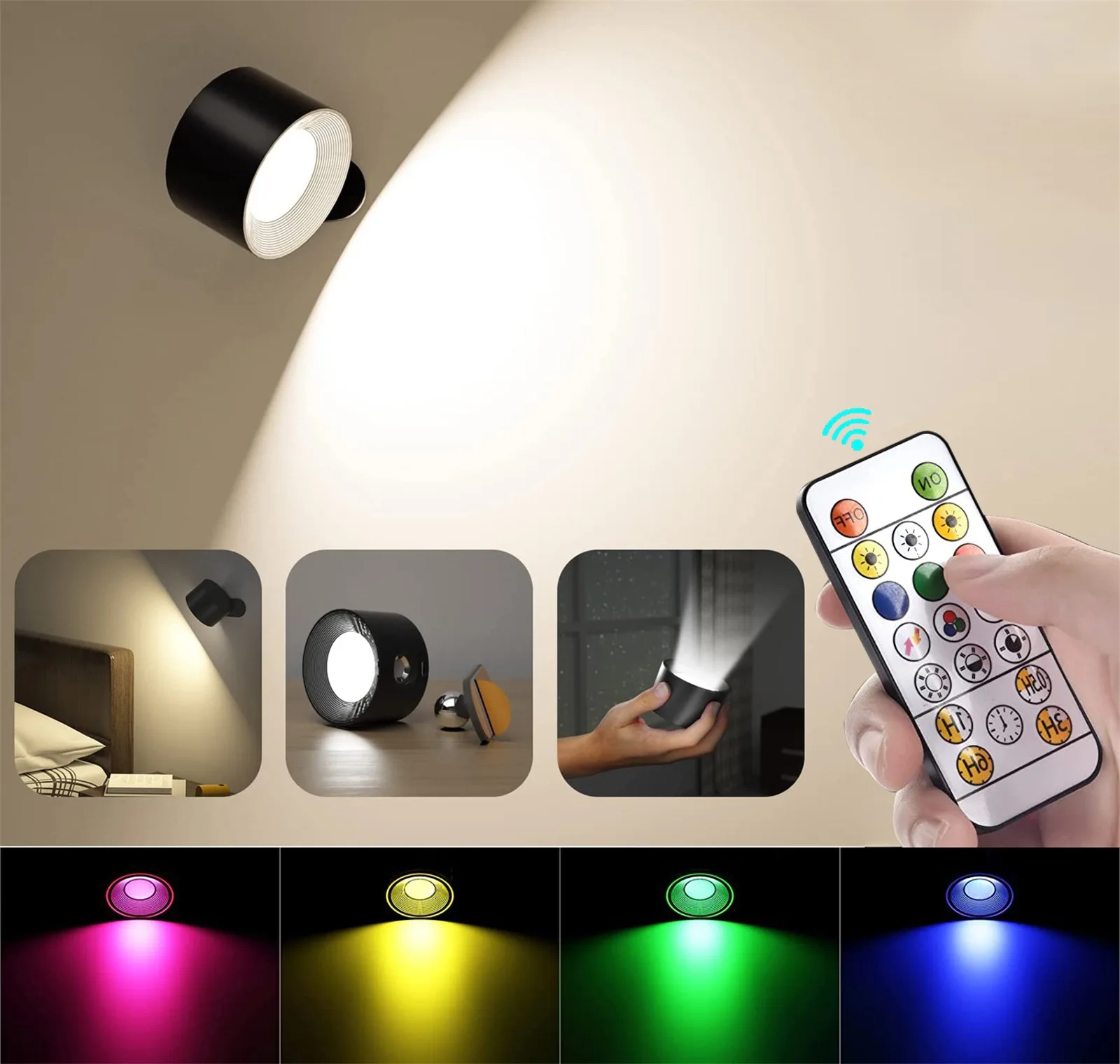 Wireless-Wall-Lamp-RGB-Light-Remote-Dimmable-LED-Rechargeable-Rotating ...