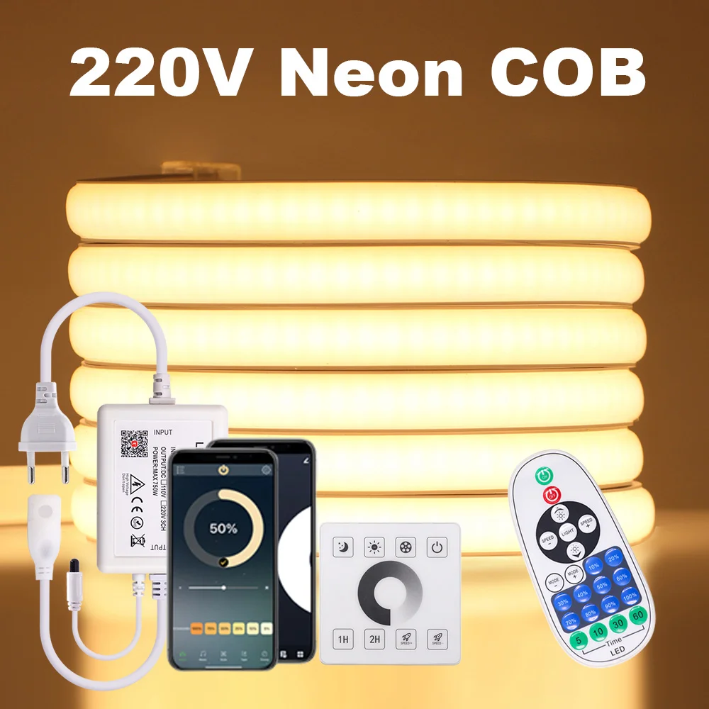 220V-COB-LED-Neon-Strip-Light-Wall-Touch-Wifi-Bluetooth-23key-Remote ...