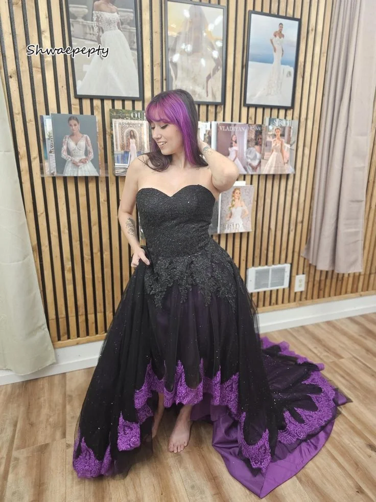 High Low Gothic Wedding Dress Short Front Long Back Balck And Purple ...