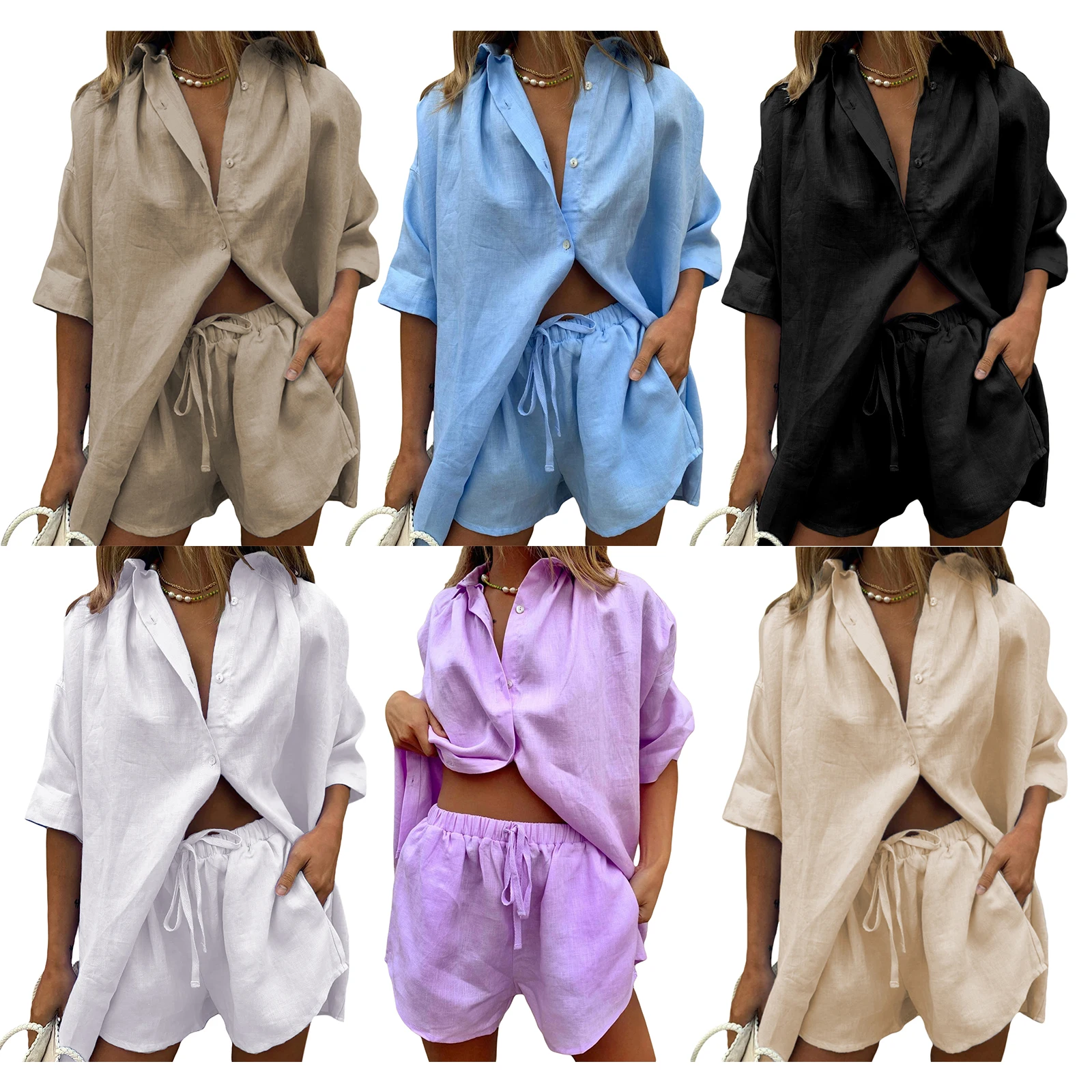 Women-2pcs-Casual-Clothes-Set-Summer-Solid-Color-3-4-Sleeve-Loose ...