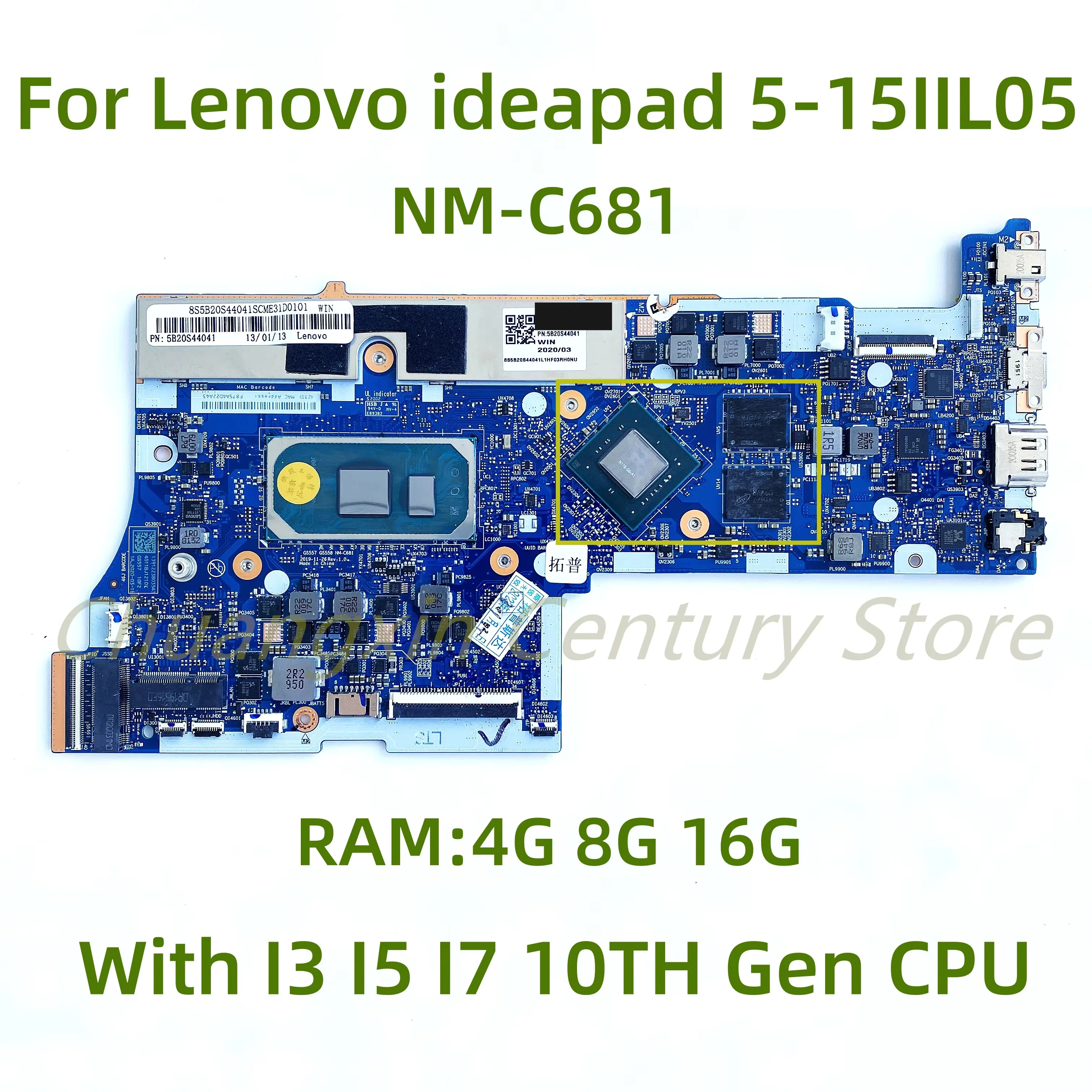 Suitable for Lenovo ideapad 5-15IIL05 laptop motherboard NM-C681 with I3 I5 I7 10TH Gen CPU GPU ...