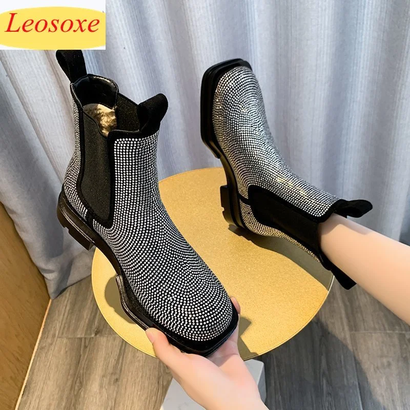 Botas de cristal de tela elástica para Mujer, botines gruesos con ...