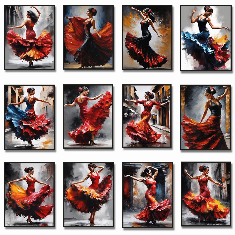 Abstract Spanish Flamenco Dancer Poster Red Dress Woman Canvas Painting ...