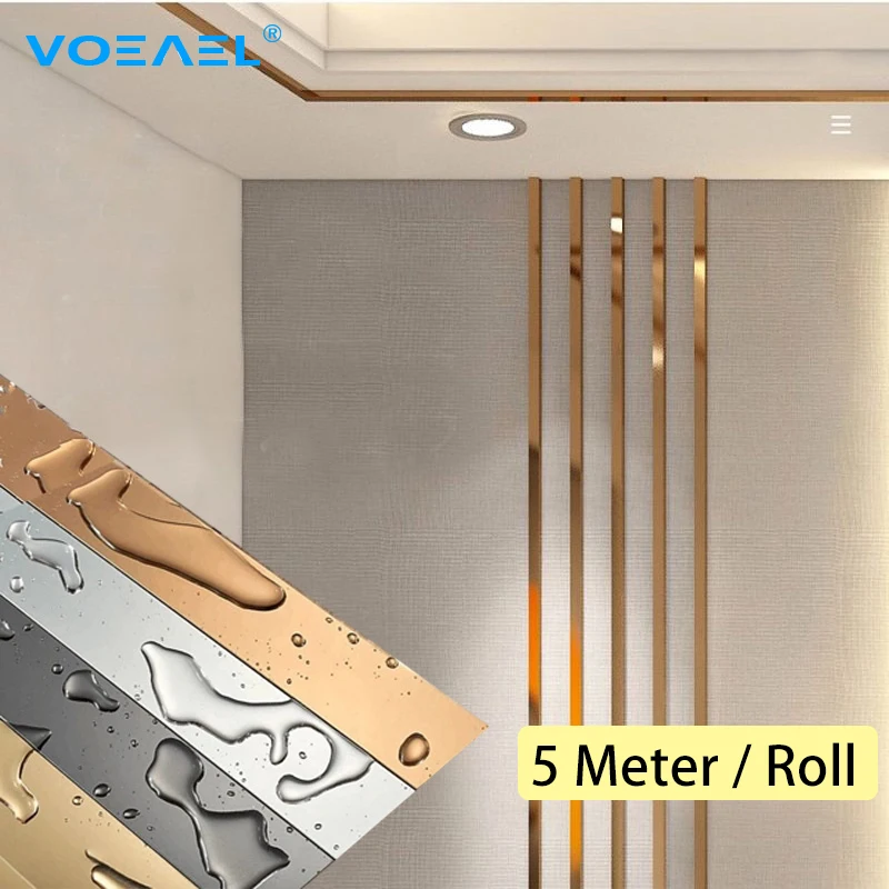 5M/Roll Gold Wall Sticker Strip Aço Inoxidável Flat Self Adhesive Sala ...