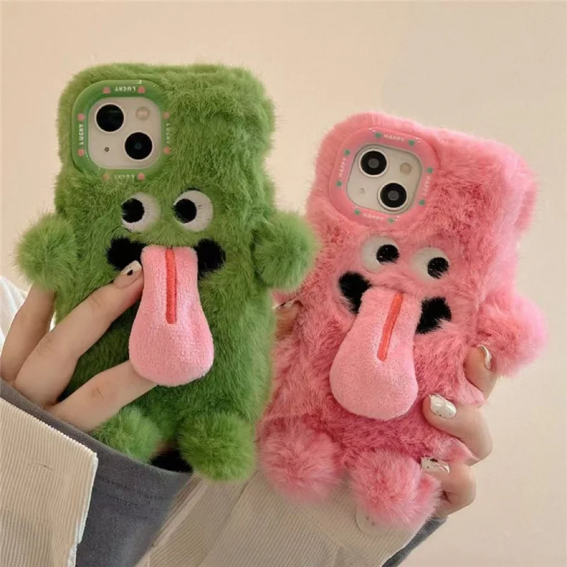 3D Cartoon Plush Tongue Sticking Monster Phone Case for iPhone 16 15 14 ...