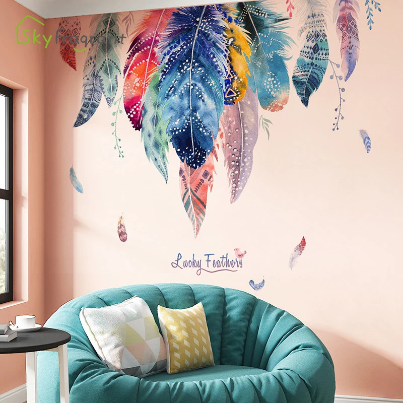 Dreamlike-Colorful-Feather-Wall-Stickers-For-Living-Rooms-Bedroom ...