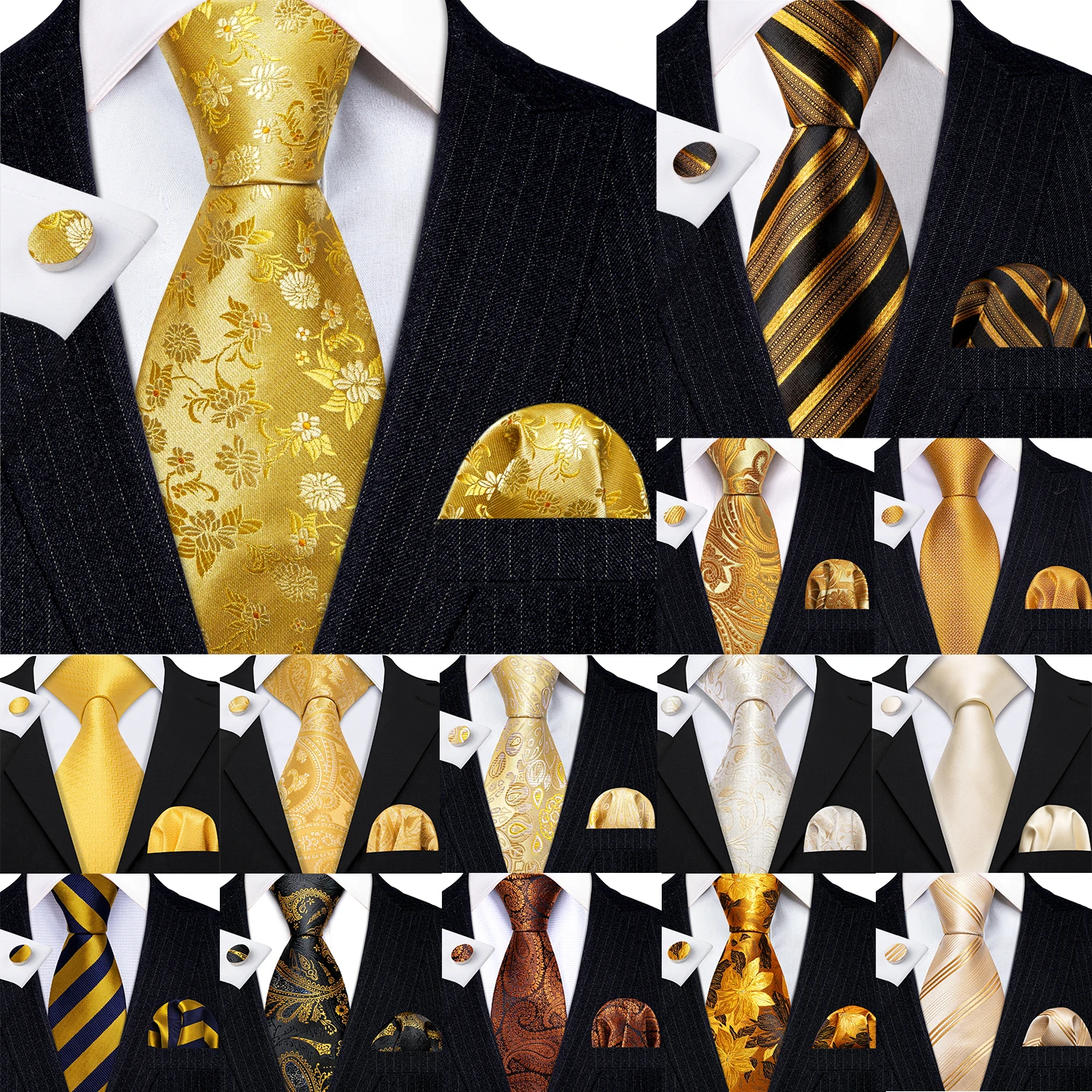 Barry-Wang-Gold-Silk-Mens-Tie-Hanky-Cufflinks-Set-Yellow-Beige-Orange ...