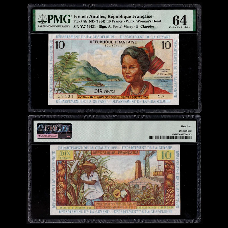 Original French Antilles 10 Francs Paper Banknote 1964 Dix Non-currency ...