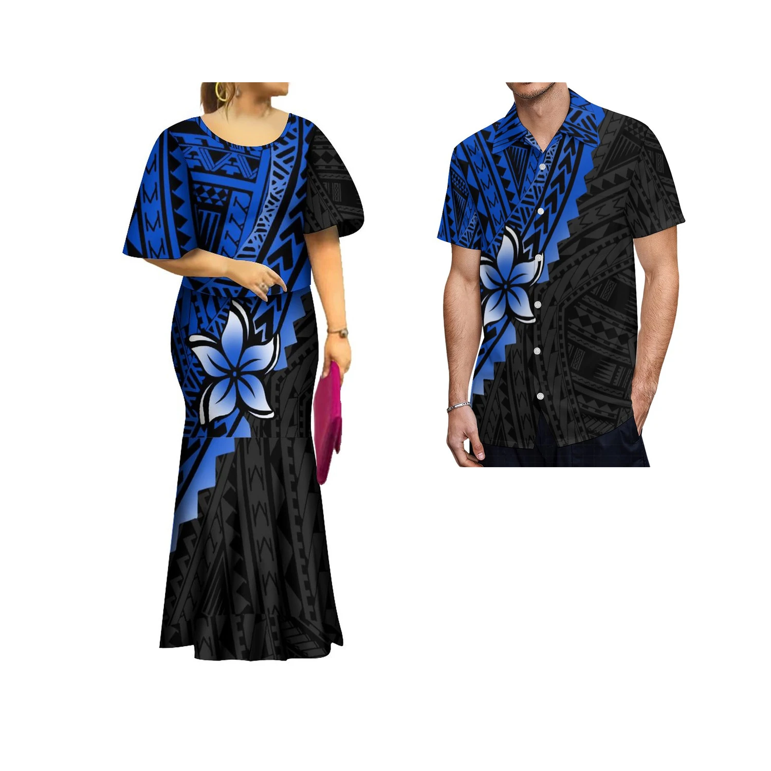 2022 New Samoan Puletasi Set Monstera Leaf Print Bat Sleeve Ptaha Blue ...