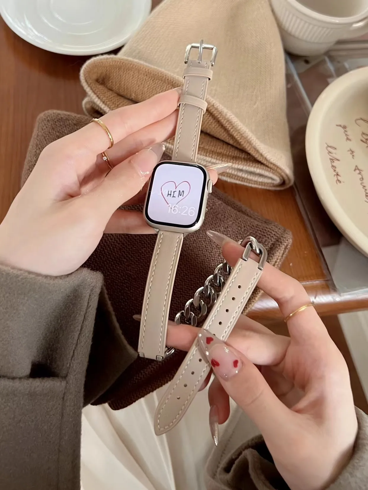 Metal Chain Double Tour Leather Loop for Apple Watch Band 40/44mm SE8 7 ...