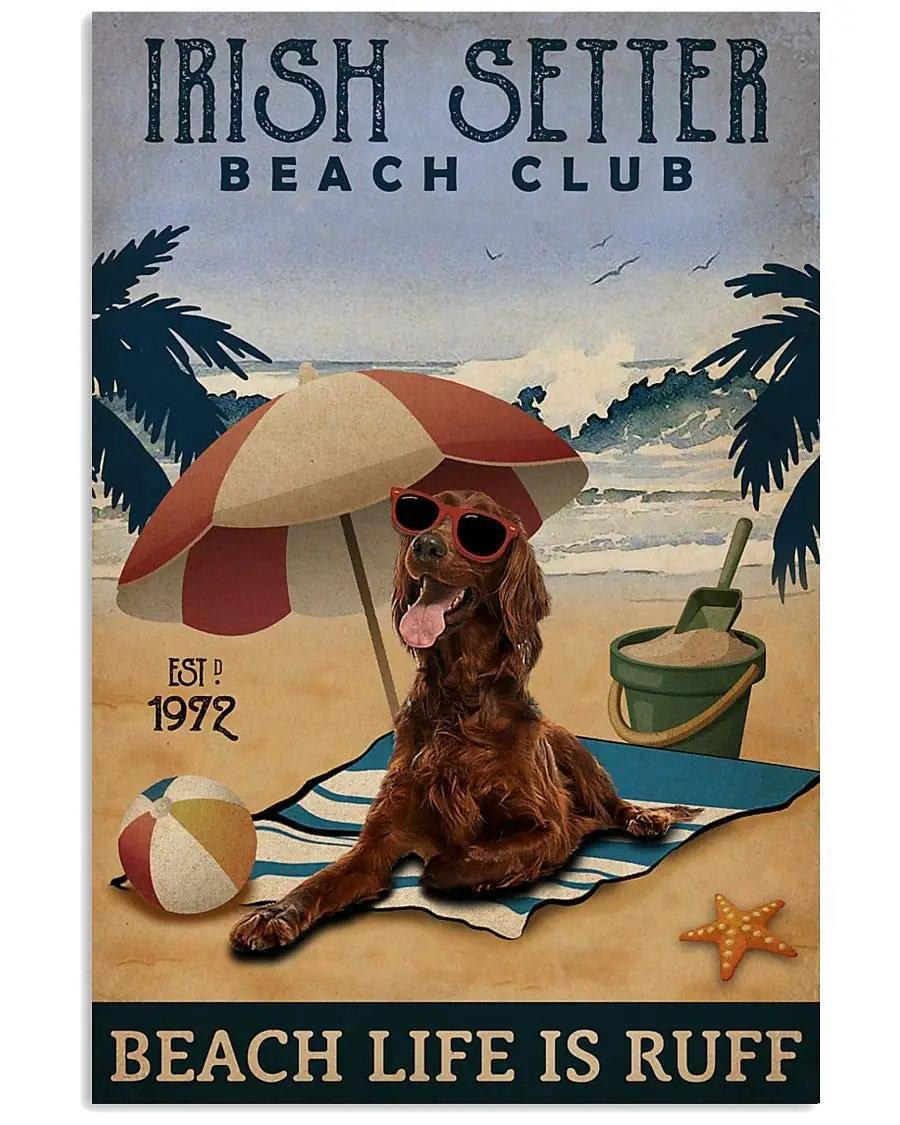 JIUFOTK Irish Setter Beach Club Metal Signs Retro Dog Posters Suitable ...