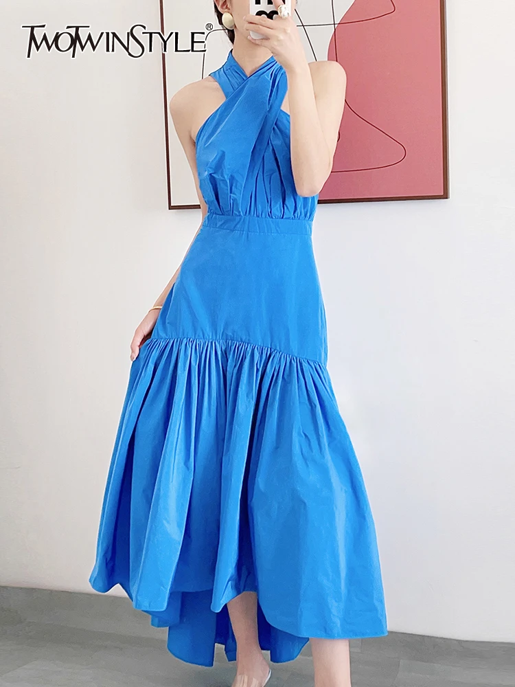 Twotwinstyle Folds Dresses For Women Halter Sleeveless High Waist Folds ...