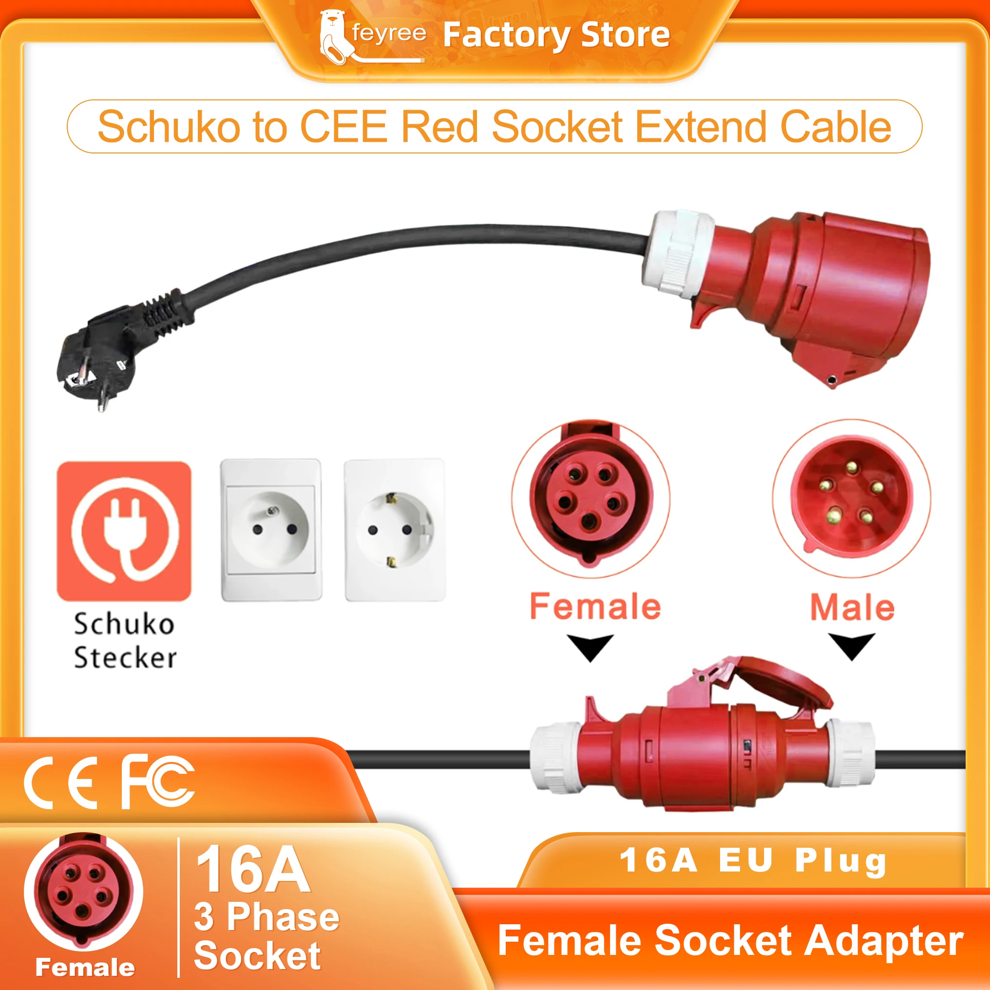 feyree EV Charger Schuko Plug to CEE Red Power Female Plug 5 Pins ...