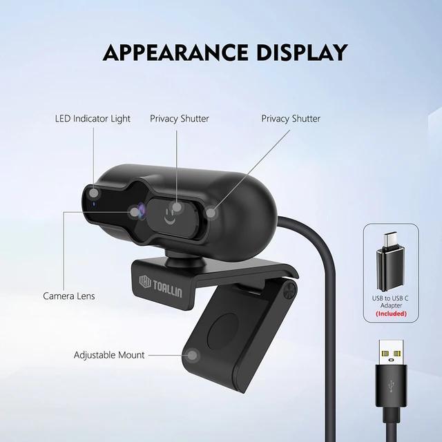 Windows Hello TOALLIN 2K QHD Webcam With , Facial Recognition Web Camera 5 Million Pixels Auto ...