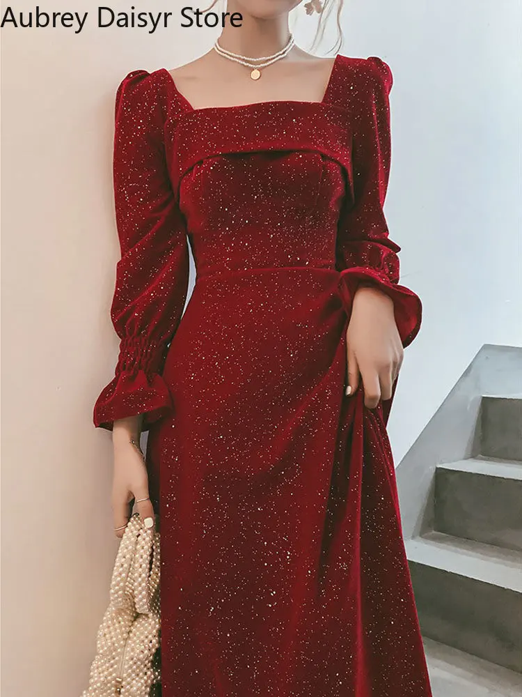 Elegant-Red-Long-Dress-Women-Vintage-Square-Collar-Chic-Sequin-Design ...