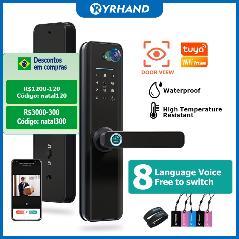 Yrhand tuya wifi castelo inteligente fechadura à prova d 'água eletronica biometria digital ...