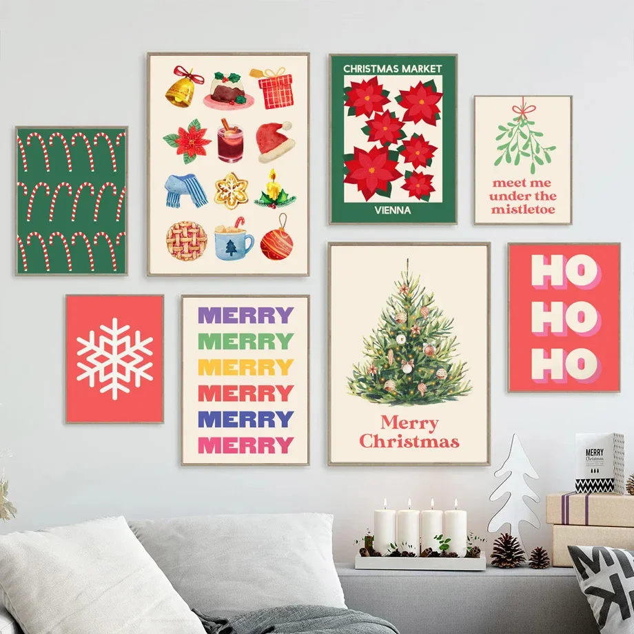 Christmas Treats Tree Mistletoe Snowflake Posters Winter Holiday Wall ...
