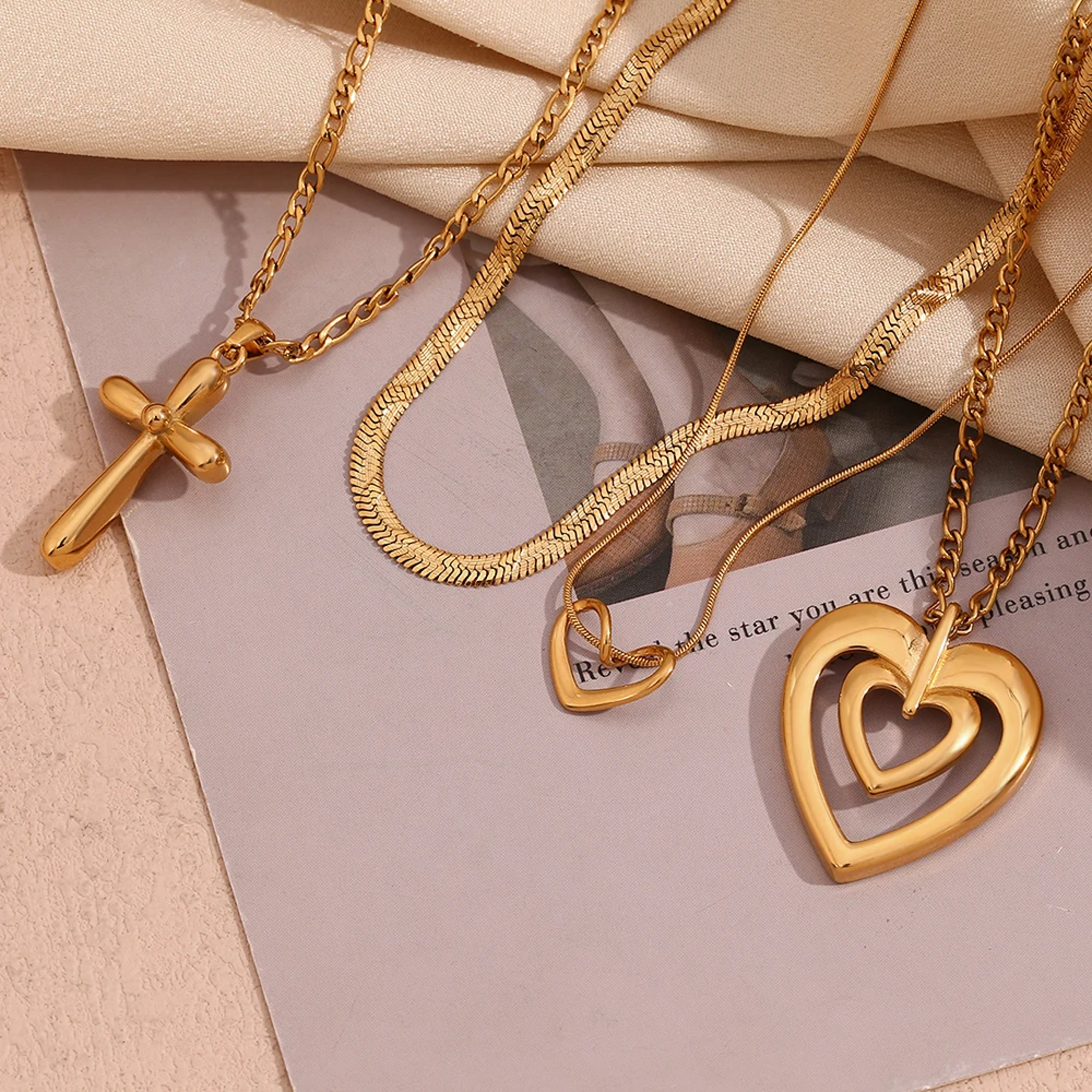 E.B.belle Double Layered Hollow Heart Thin Snake Chain Minimalist ...