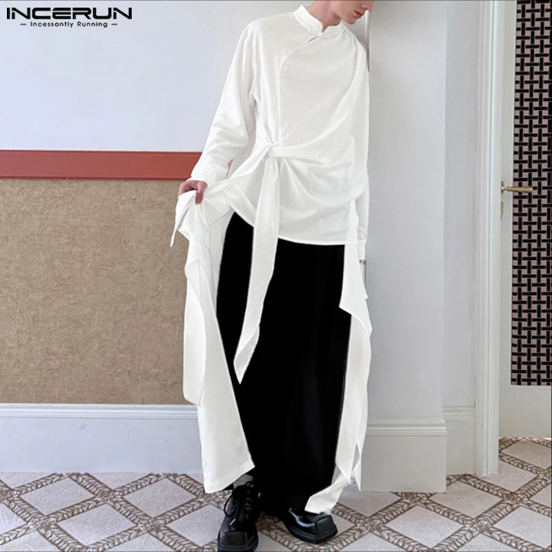INCERUN Men Irregular Shirt Solid Color Lapel Long Sleeve Button Men ...
