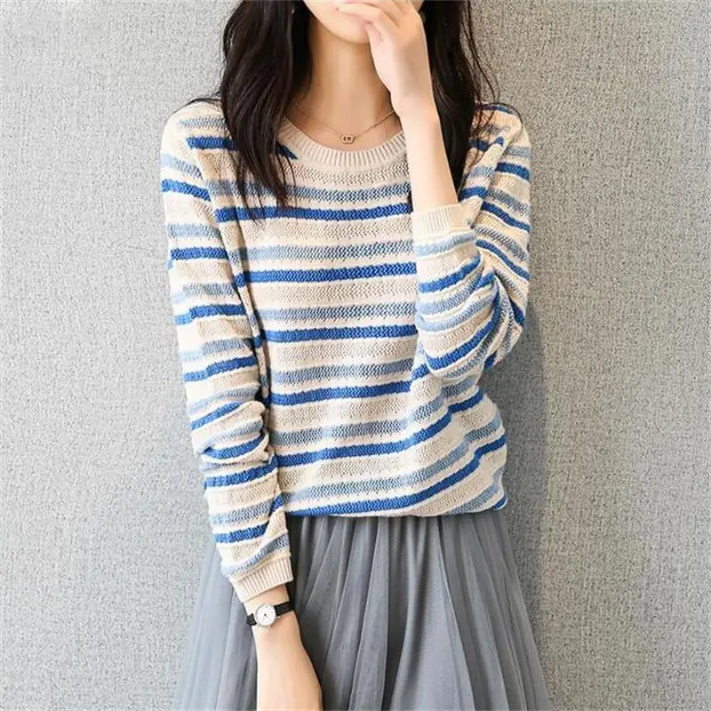 Striped-Knitted-Sweater-Women-s-2024-Autumn-New-Pullover-O-Neck-Screw ...