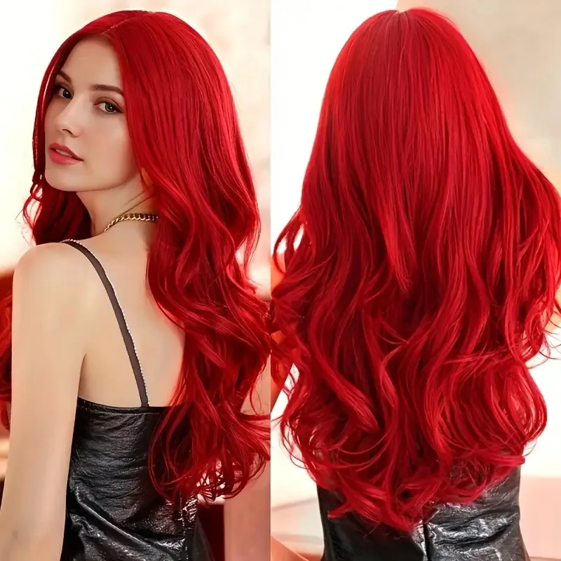 Red synthetic wig, big wave style wig, Halloween party cosplay ...