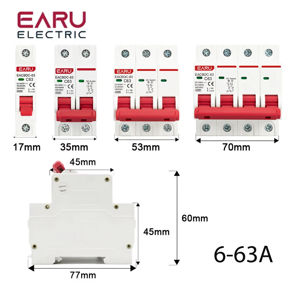 Earu EACBDC 1000V 1P 2P 3P 4P Mini Solar Circuit Breaker Overload Protection Switch 6A~63A/80A ...