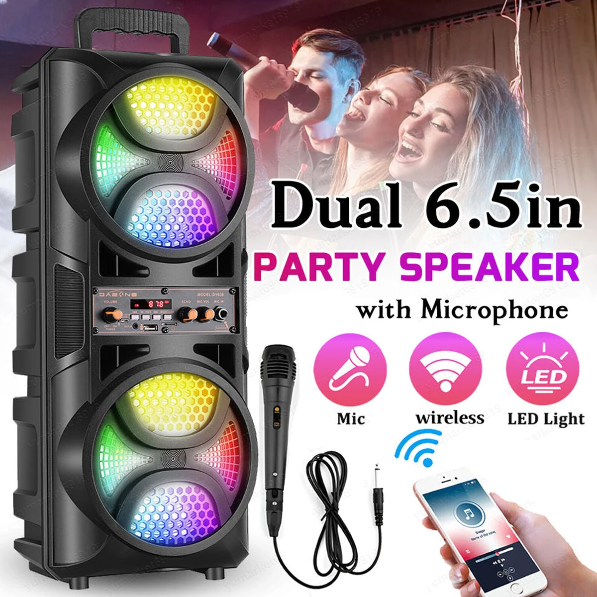 Portable Bluetooth Speaker Loud Wireless Party Speaker with Microphone ...