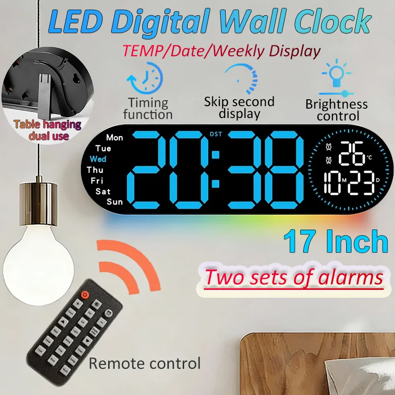17 Inch LED Digital Wall Clock Remote Control with Colorful Ambient ...