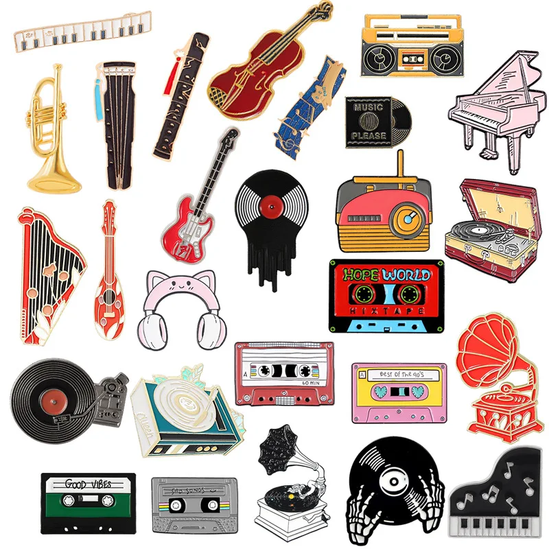 Musical Instrument Serie Enamel Pin Tape Piano Guitar Recorder Earphone ...