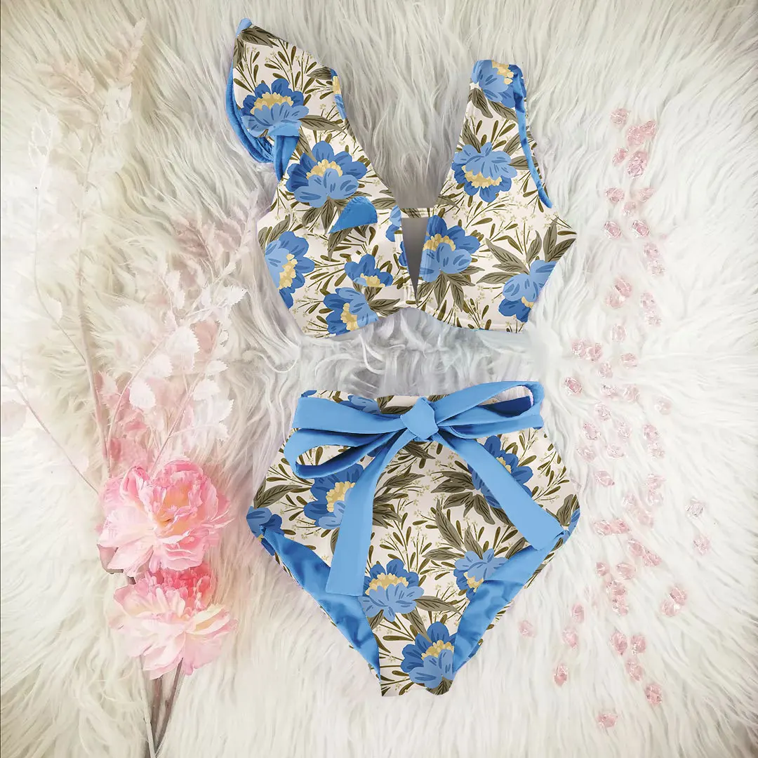 New Bikini Floral Ruffled Bikini Set Women V-neck High Waist Two Piece ...
