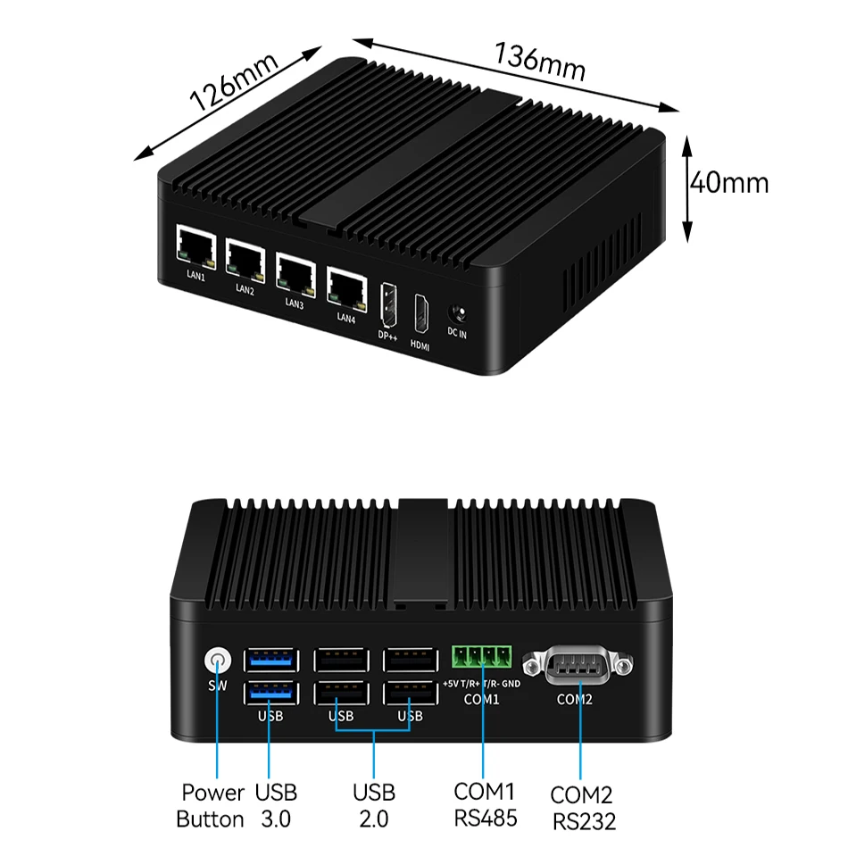 Intel Processor N100 4x LAN Ports RS485 RS232 Fanless Industrial Mini ...