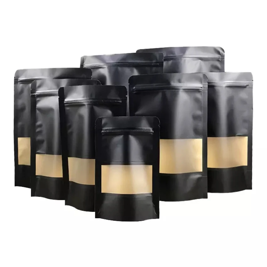 Black-Doypack-Stand-Up-Pouch-with-Clear-Window-and-Zipper-Kraft-Paper ...