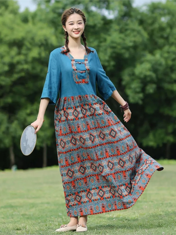 Johnature Women Bohemia Vintage Patchwork Dress Cotton Linen Robes 2022 ...