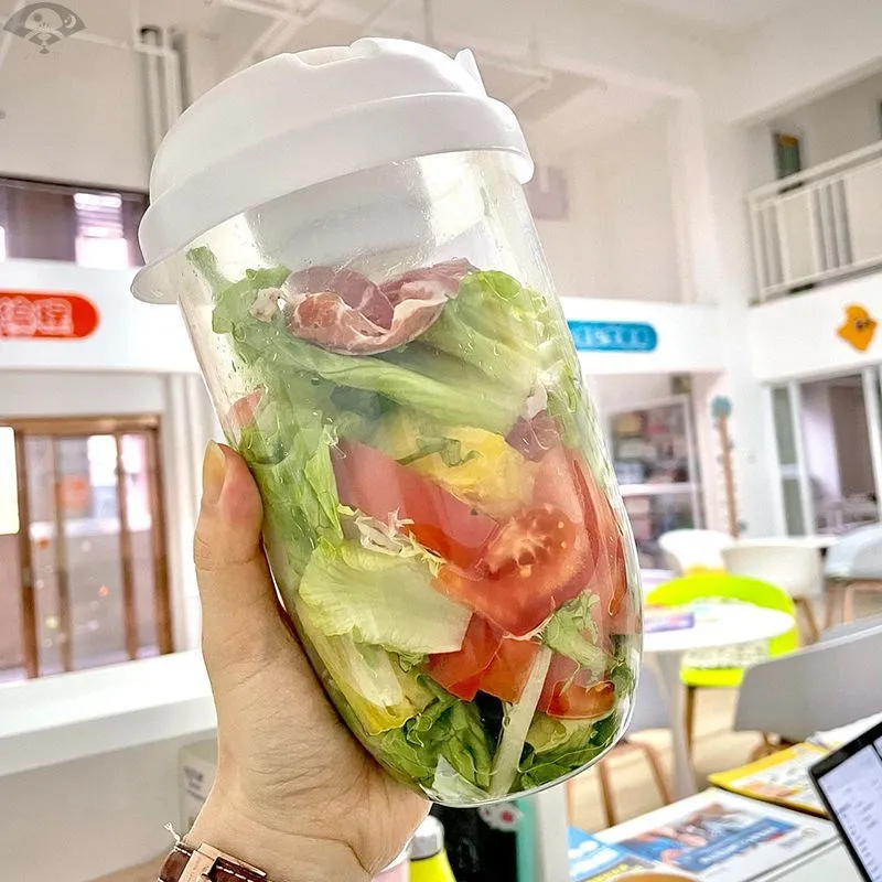 탄 스타 휴대용 샐러드 컵 아침 식사 오트밀 시리얼 용기 소스 컵 과일 야채 점심 음식 머그잔 도시락 상자 포크 포함