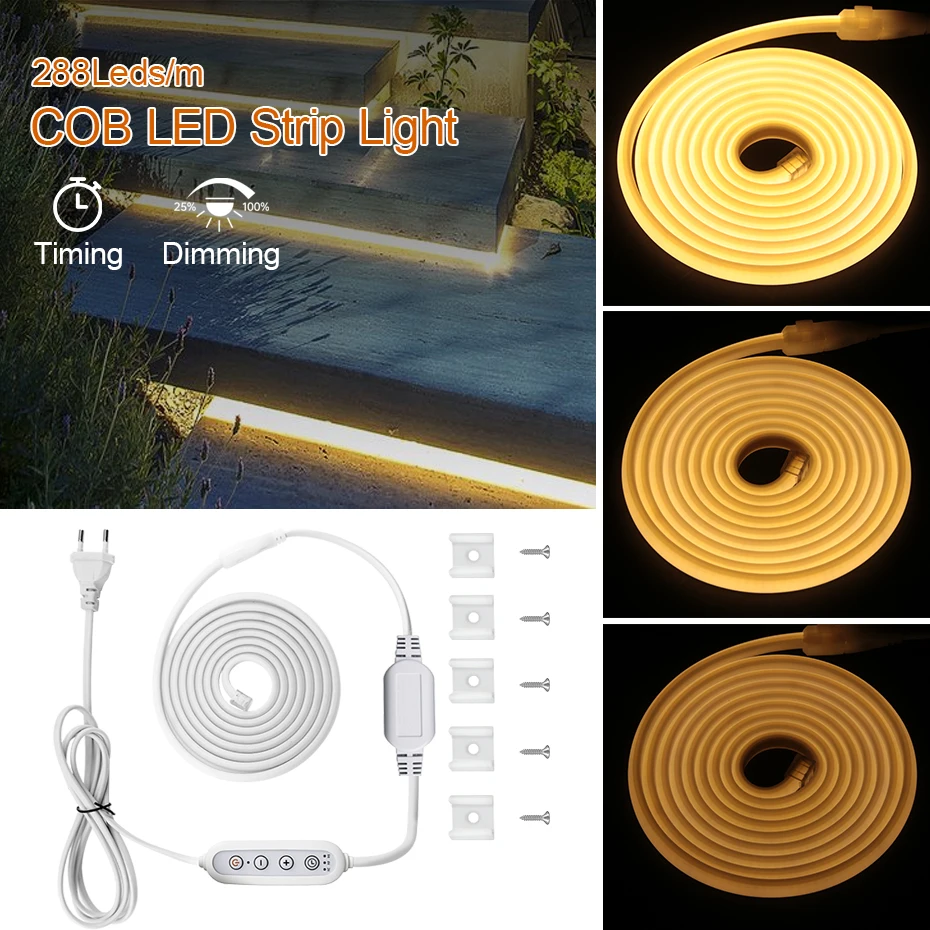 220V Flexible Tape 288LEDs/m COB LED Strip Light with Timing Dimming ...