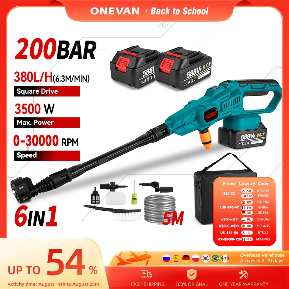ONEVAN-200Bar-3500W-Brushless-High-Pressure-Car-Washer-Gun-6-in-1 ...