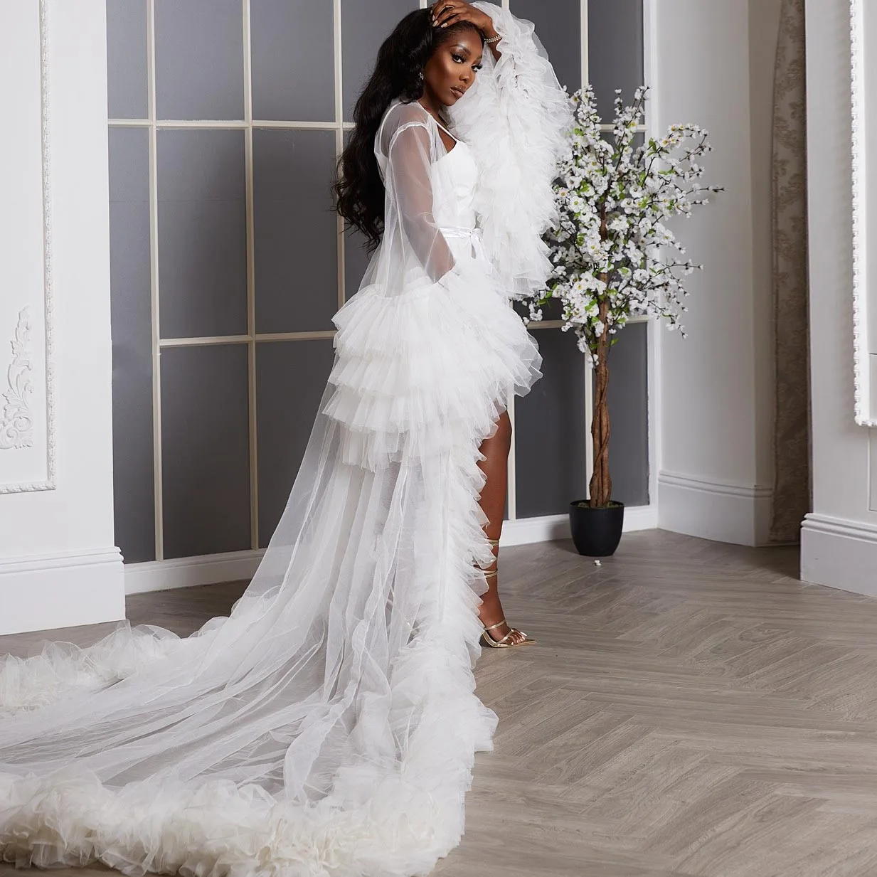 Sexy See Thru White Maternity Gowns Bridal Robe Ruffled Tulle Puff ...