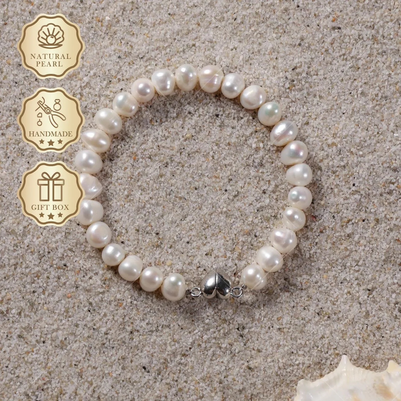 Mysoya White Freshwater Pearl Bracelet 6-7mm Silvery Heart Clasp Gift ...
