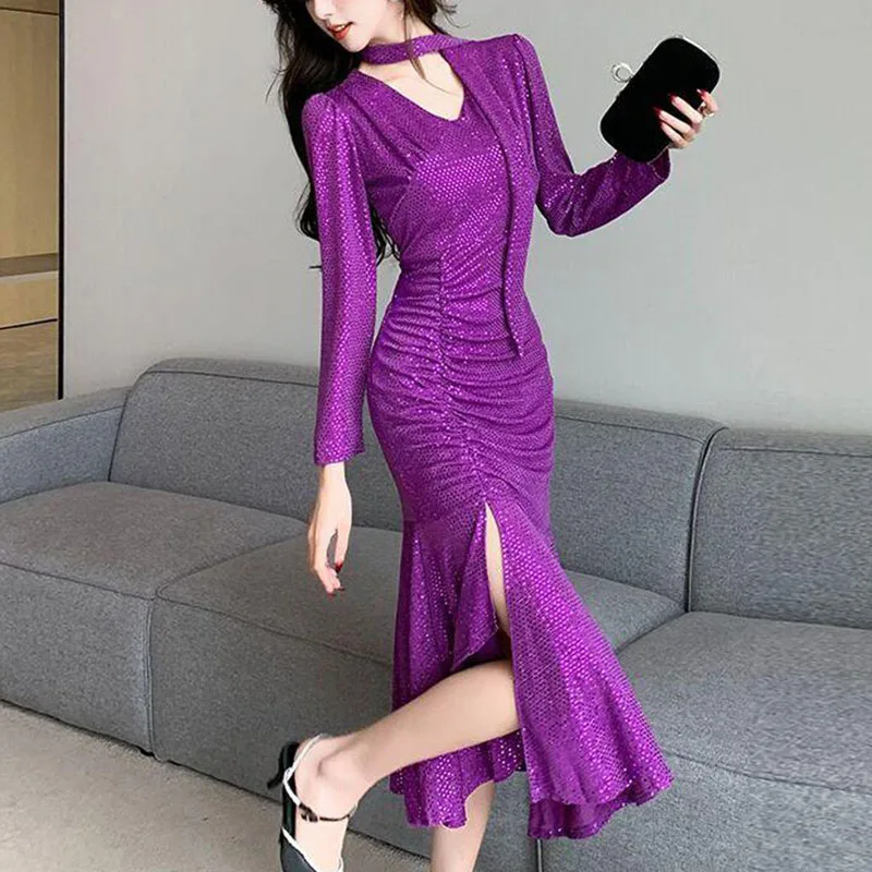 Temperament V-neck Streamer High-end Dress for Women with Slim Fit ...