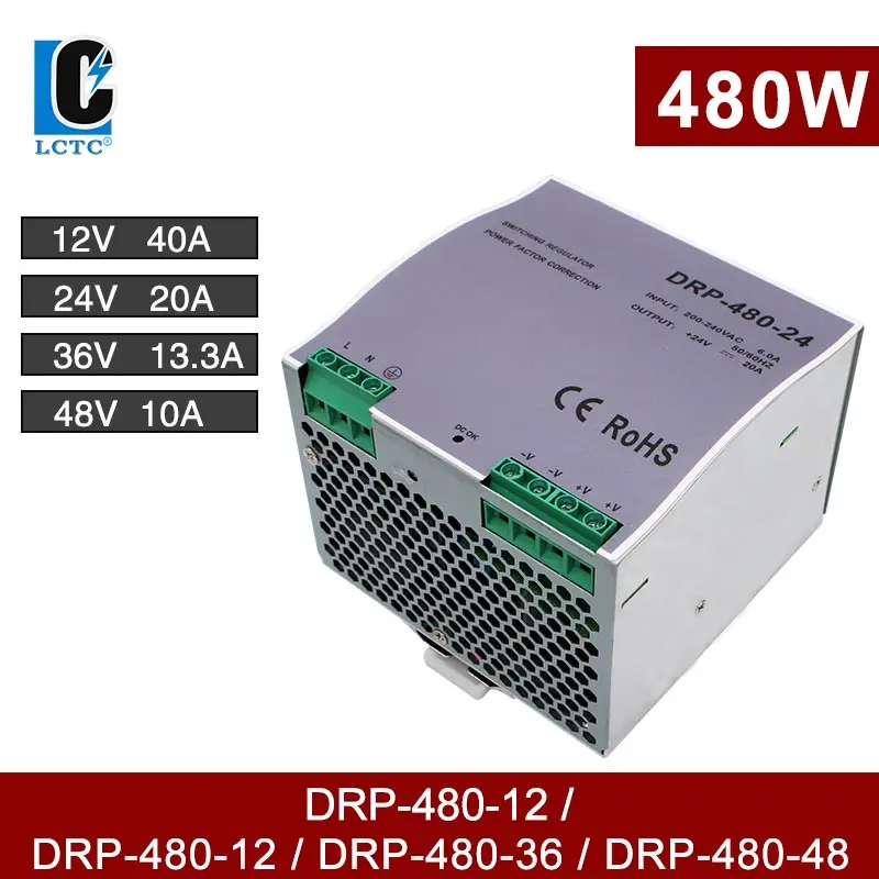 480W DC 12V 24V 36V 48V Output Voltage 10A 13.3A 20A 40A DRP-480 Rail ...