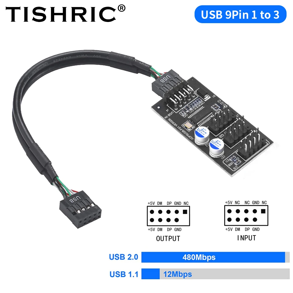 TISHRIC USB 2.0 9Pin USB Hub Male 1 To 3 Female Extension Cable USB Splitter USB Adapter ...