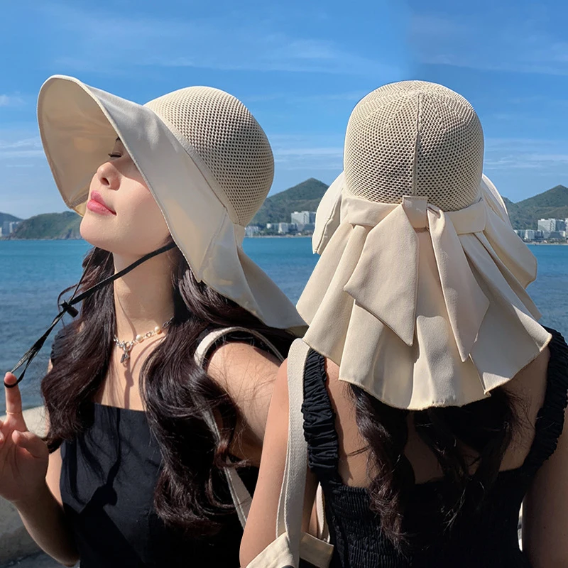 Korean-Women-Summer-Sun-Hat-Large-Brim-Neck-Protection-Shading-Hat-Bow ...