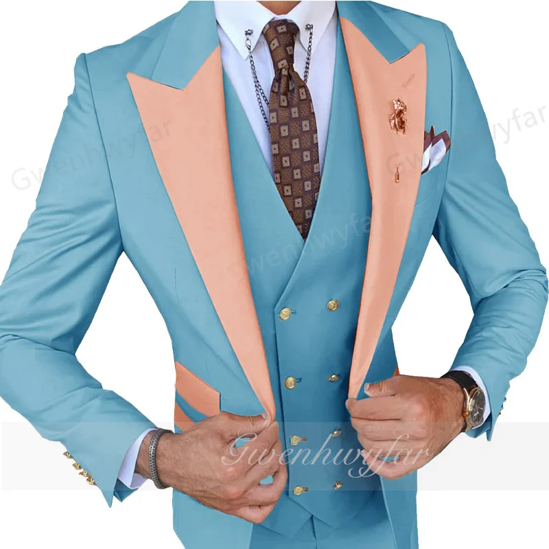 Gwenhwyfar 2025 New Arrival Peach Lapel Men Slim Prom Formal Blue Suit ...